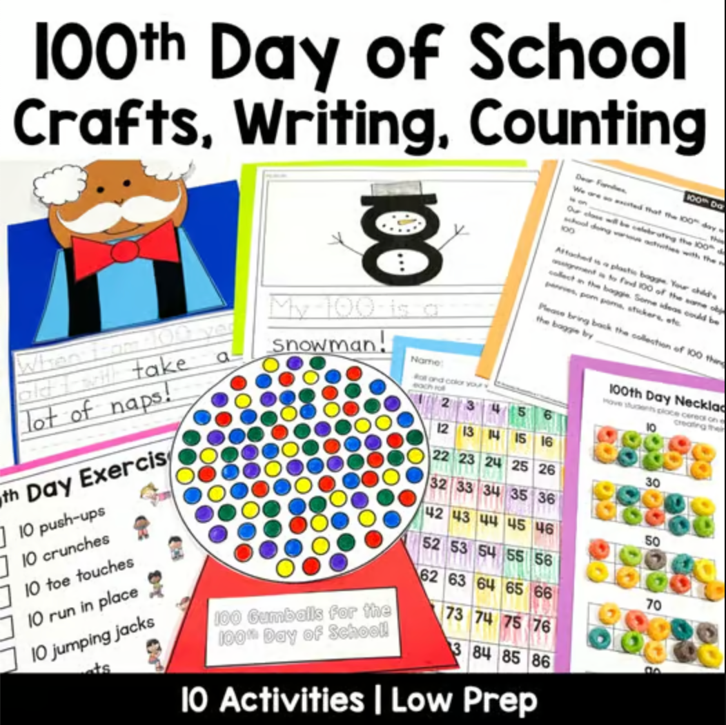 100th Day of School Crafts, Writing, and Math Activities for Kindergar ...