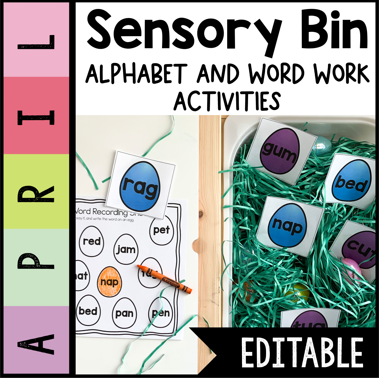 April Sensory Bin | Alphabet | Sight Word | CVC word center | Editable ...